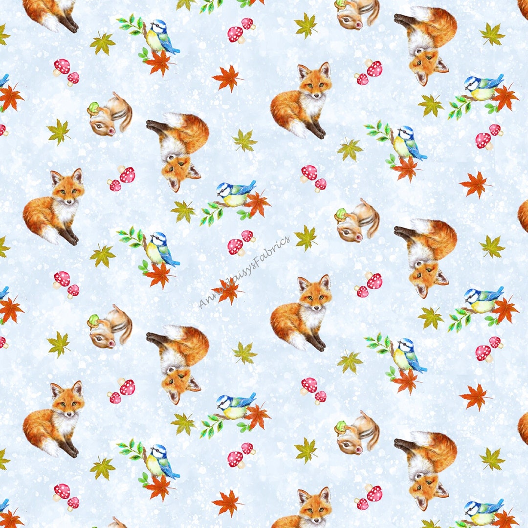 Small Chipmunk, Blue Bird, Fox Fabric, Studio E Auburn Fox 6226-01 ...