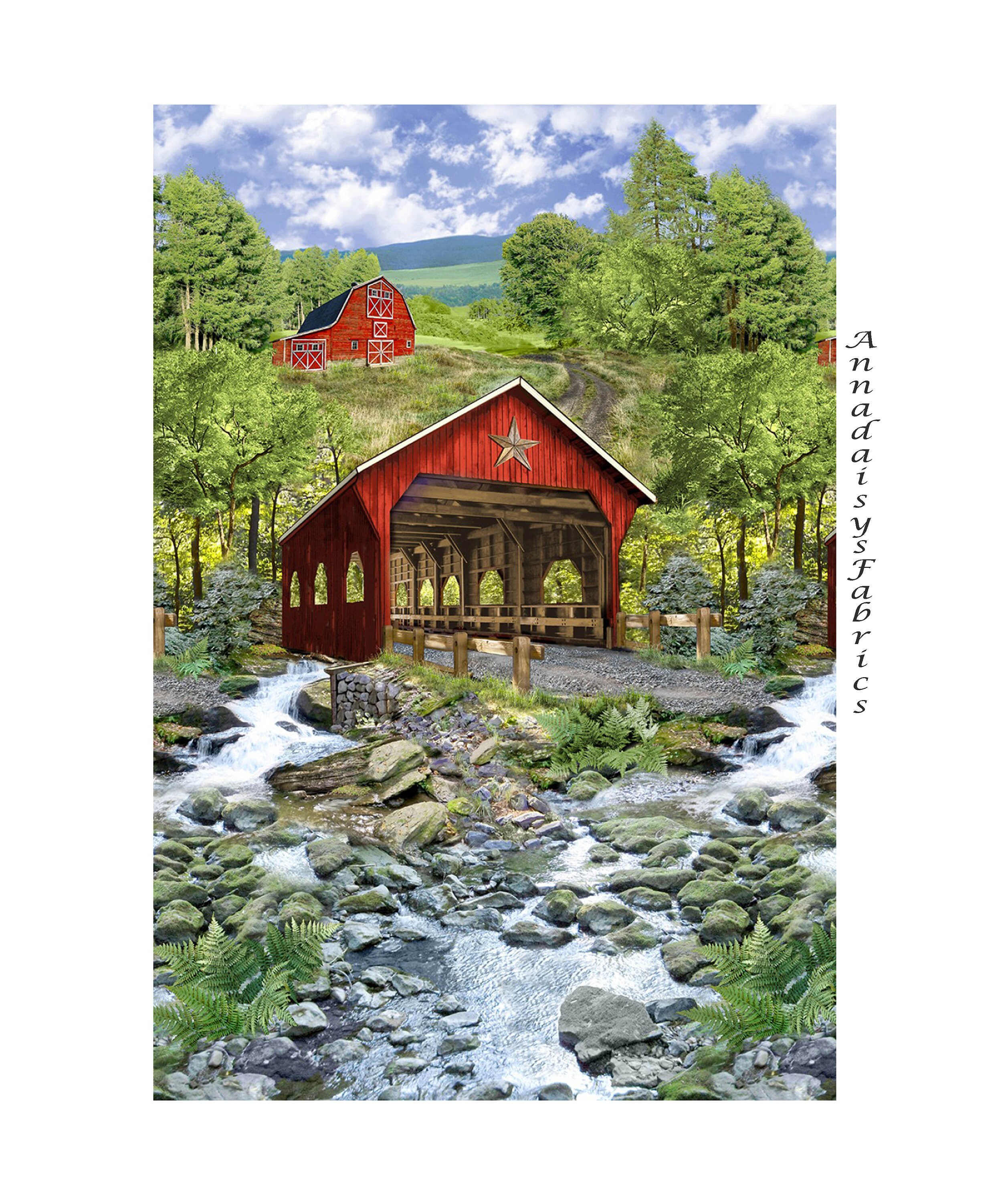 Red Covered Bridge Fabric Panel Timeless Treasures Nature | Etsy