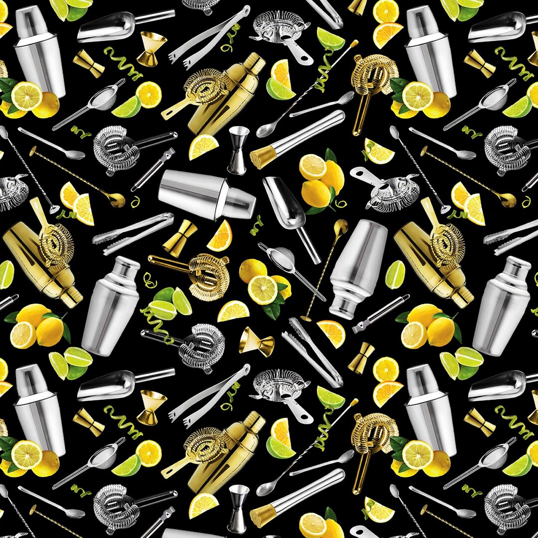 Bartender Fabric, Barware, Benartex Kanvas Studio Top Shelf 12859, Bar ...