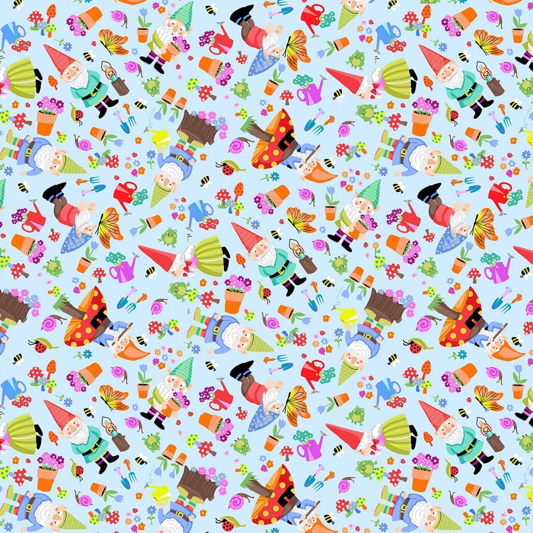 Garden Gnomes Fabric, Timeless Treasures Gnome Sweet Home CD1601 Sky ...