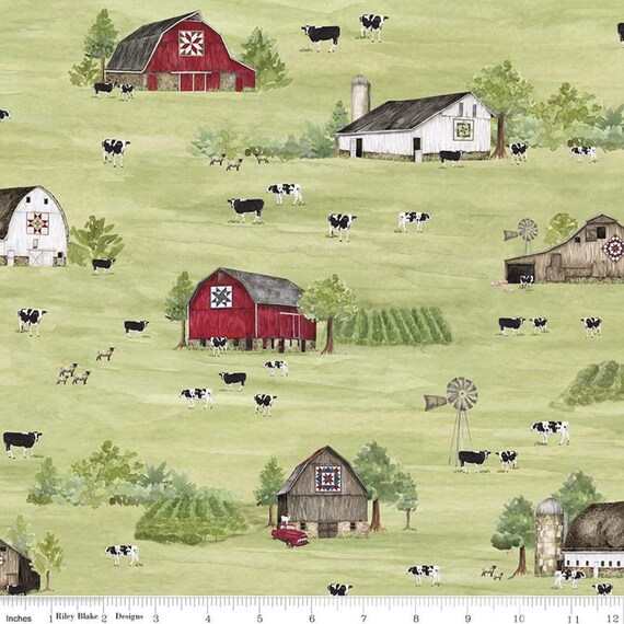 Farm Scene Fabric Cows Old Red Truck Barn Fabric Riley - Etsy