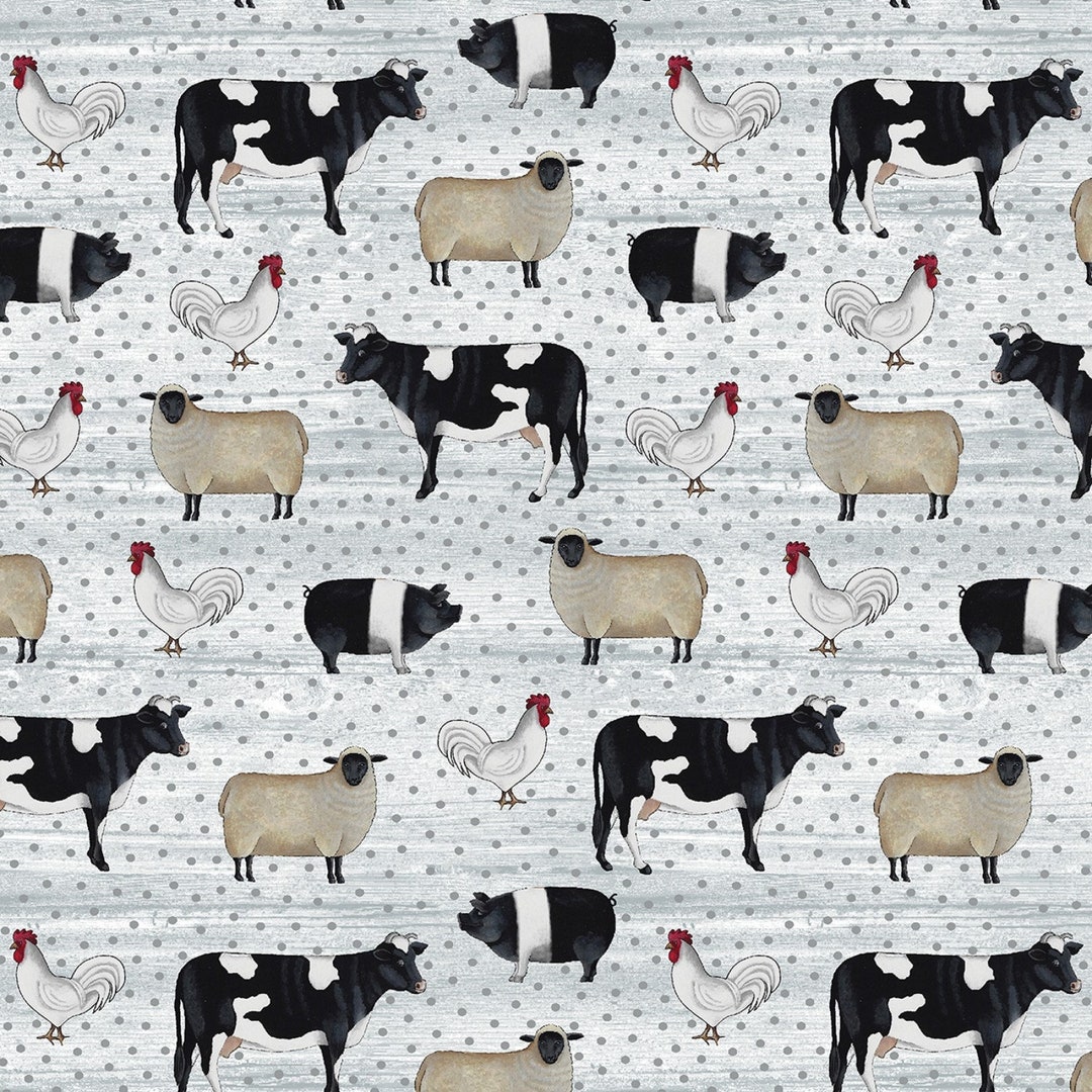Farm Animal Fabric, Daisy Cows, Sheep, Roosters, Pig, Benartex Spring ...