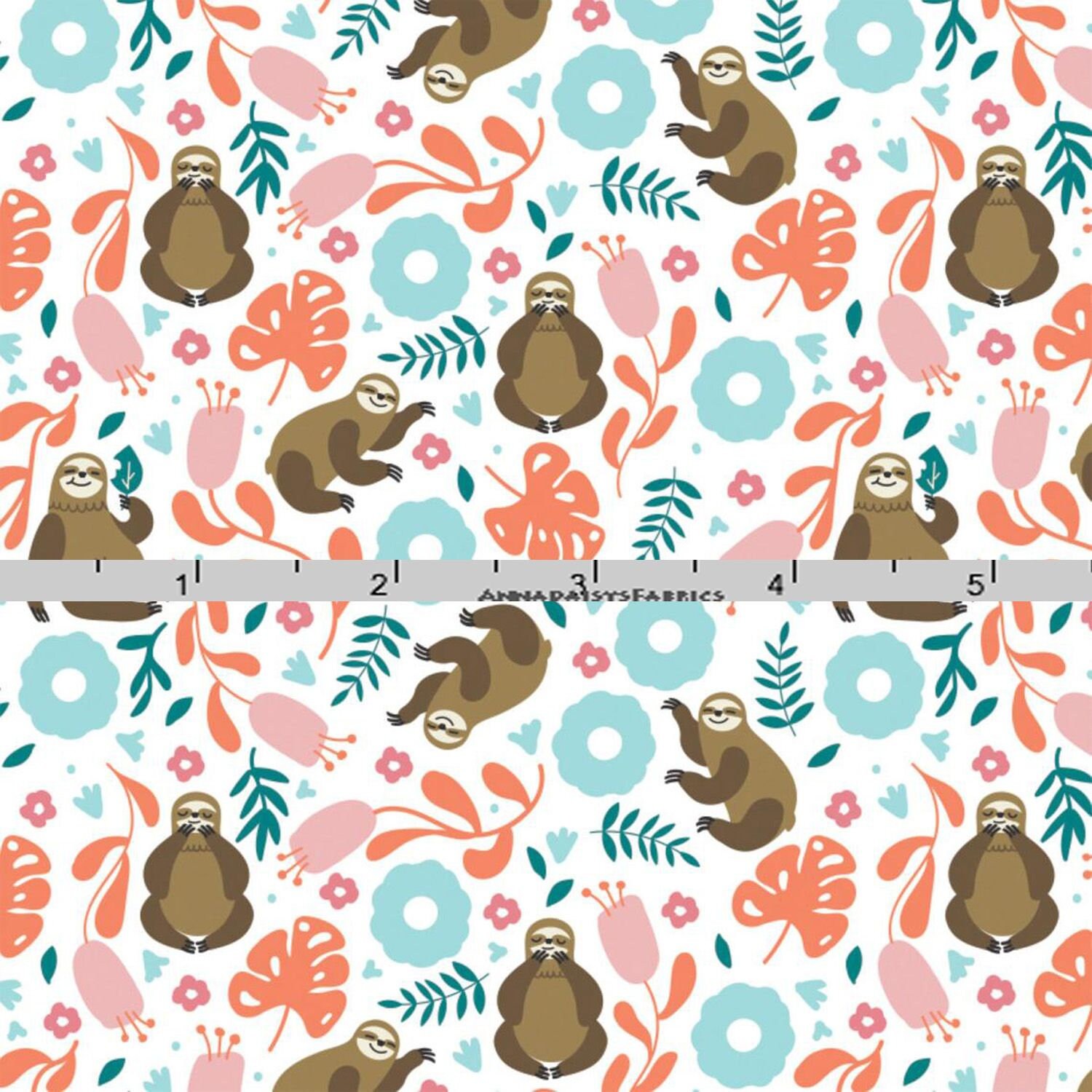 Coral Aqua Sloth Fabric Camelot Fabrics Born to Be Mild | Etsy