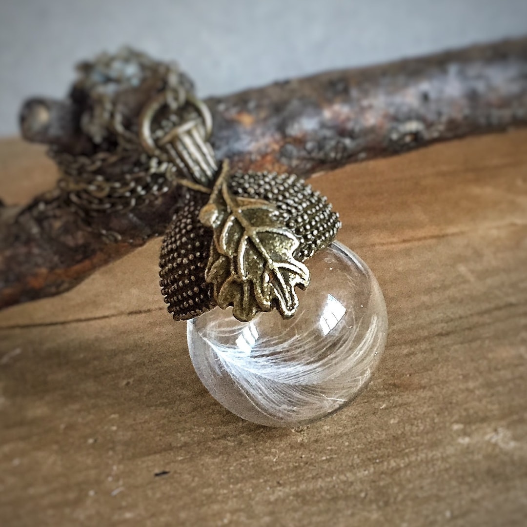 Glass Ball White Feather Acorn Charm Pendant Necklace: Boho Woodland ...