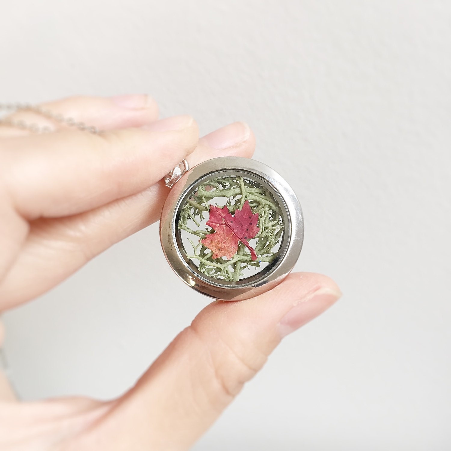 Maple Leaf Necklace Floating Locket Charm Glass Frame Mori | Etsy