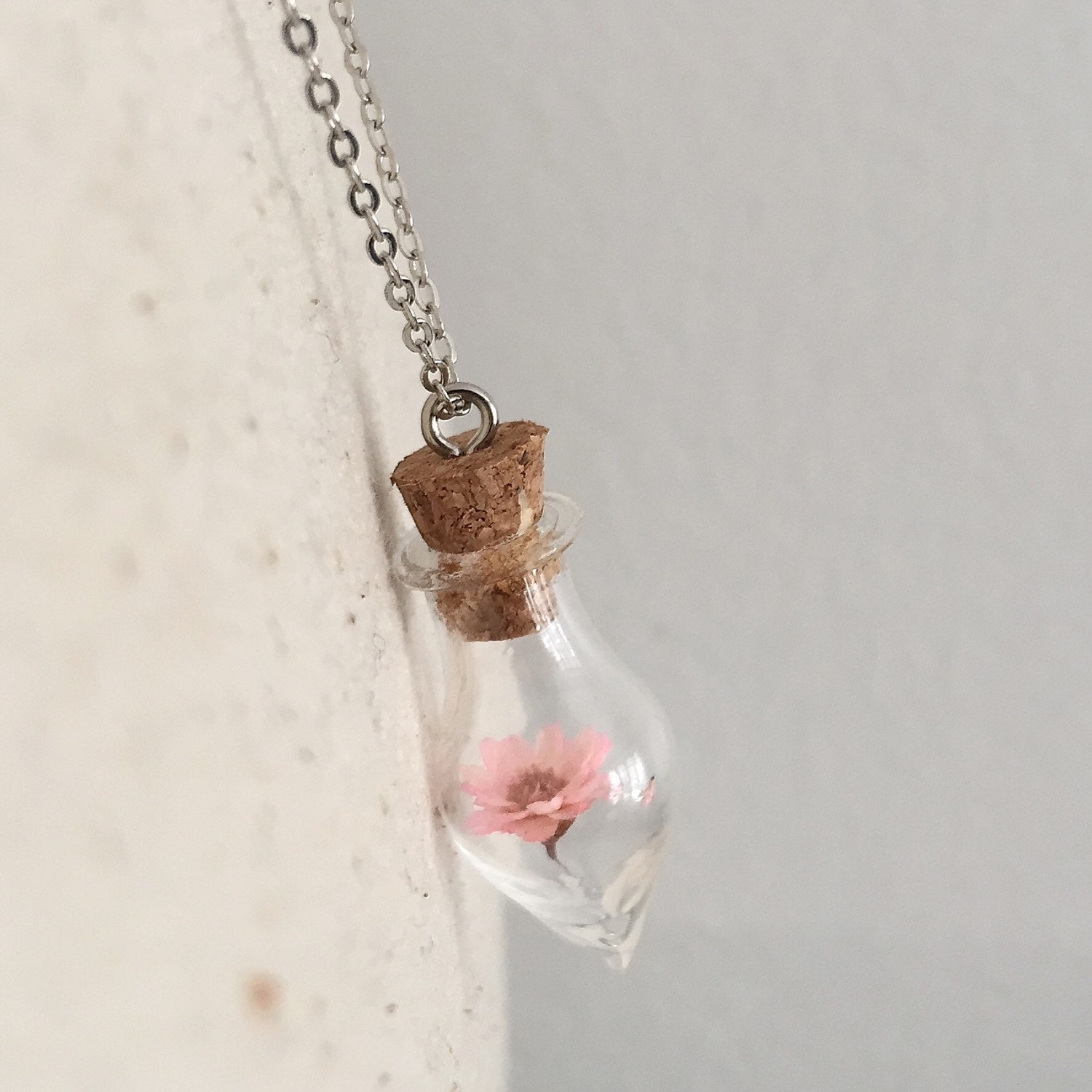 Mini Pink Feverfew Necklace Glass Water Drop Real Dried - Etsy