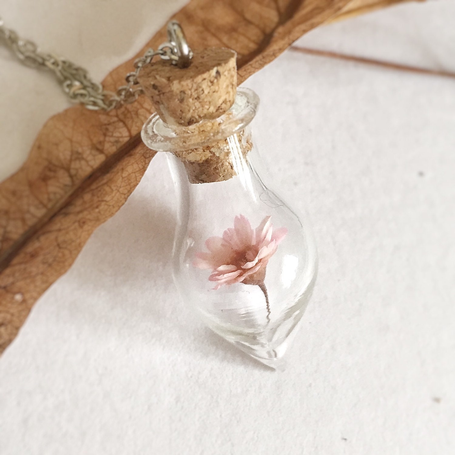 Mini Pink Feverfew Necklace Glass Water Drop Real Dried - Etsy