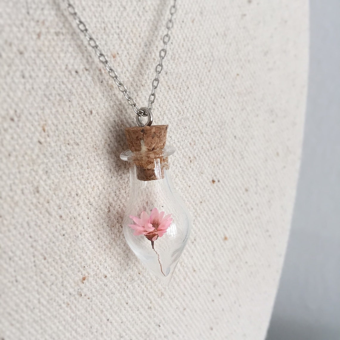 Mini Pink Feverfew Necklace Glass Water Drop Real Dried - Etsy