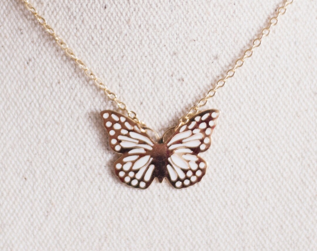 Gold Butterfly Necklace: White Enamel Pendant, Boho Charm - Etsy