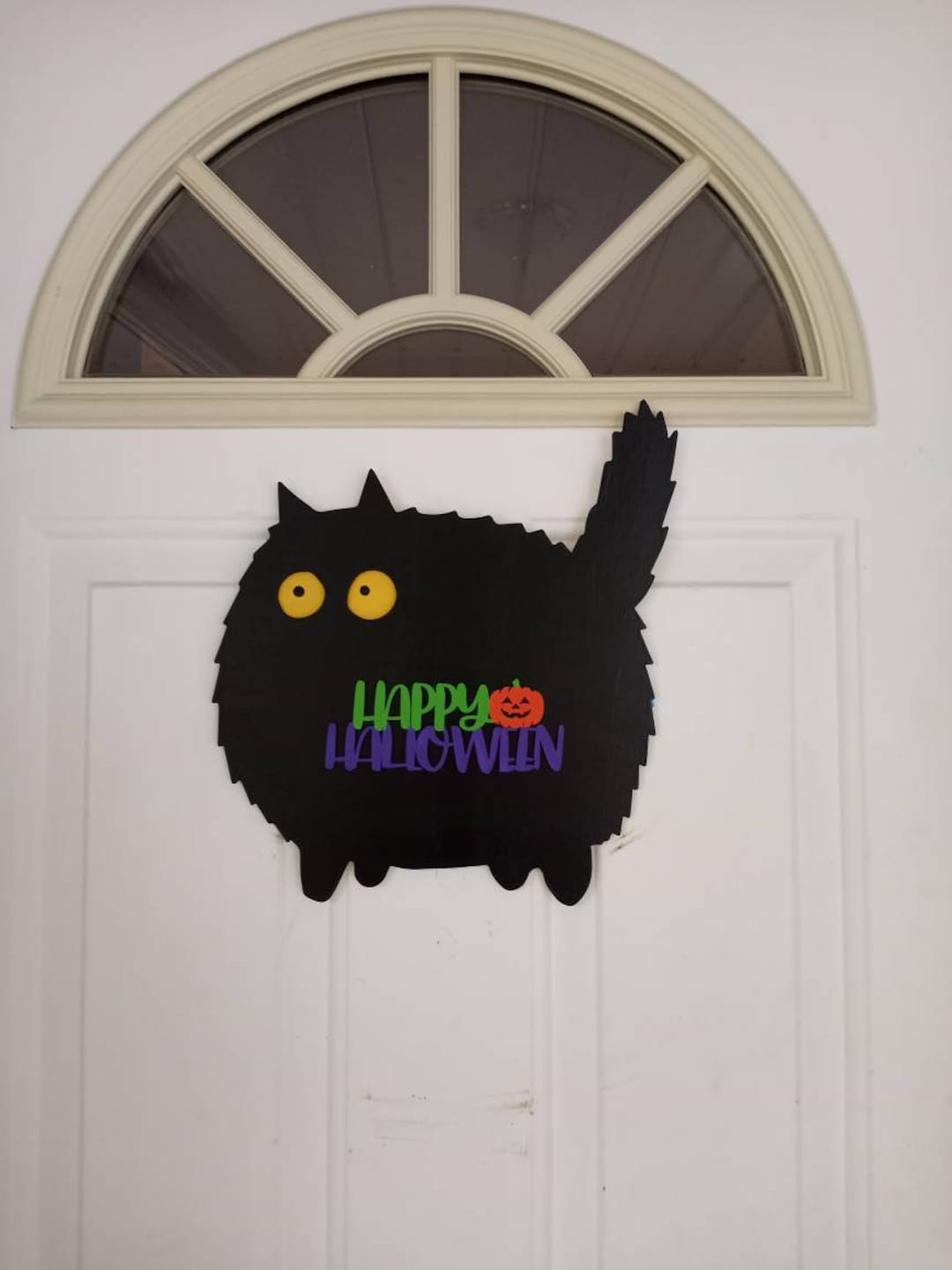 14" Fluffy Black Cat, Happy Halloween, Door Hanger - Etsy