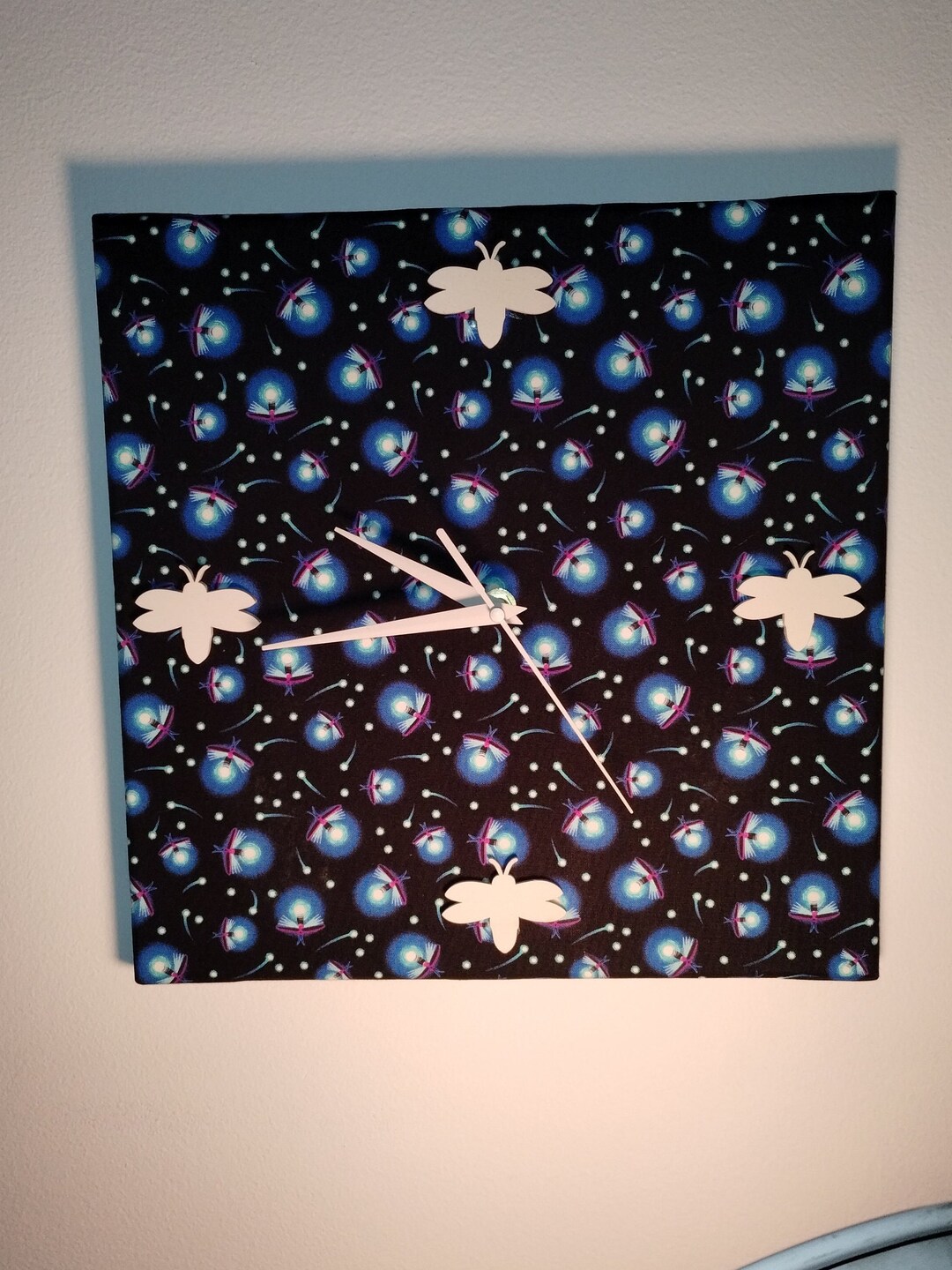 12" Square, Whimsical Wall Clock Art. Lightning Bugs. Glow in Dark ...