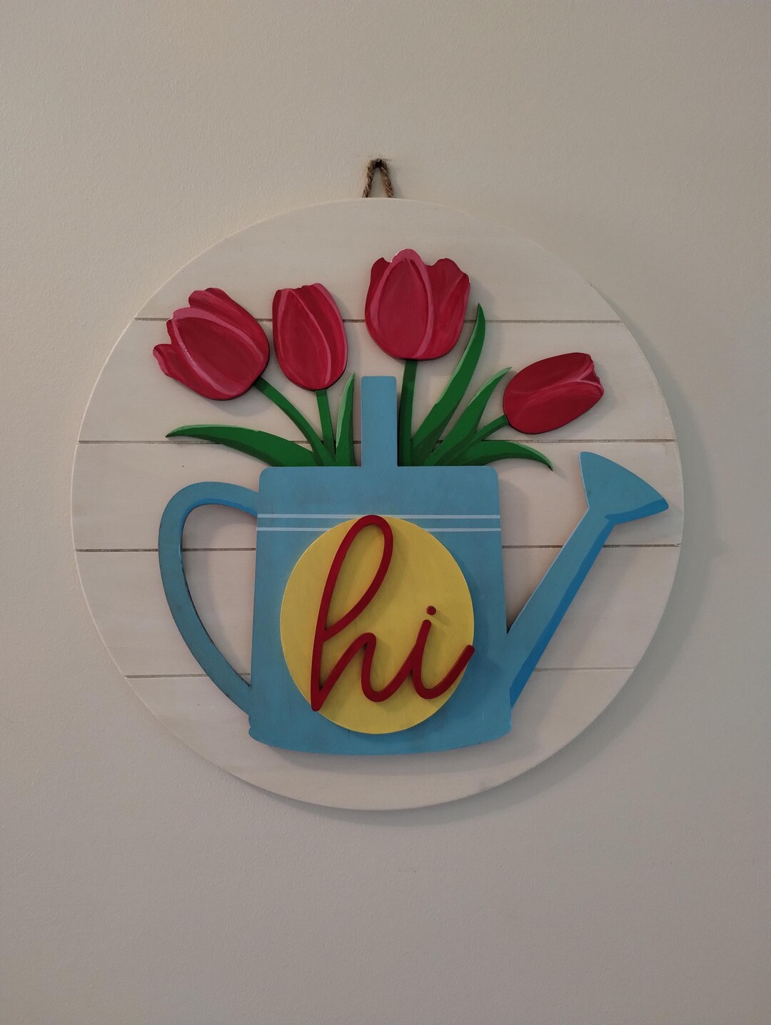 15" Round, Spring Door Sign, Tulips, Sprinkling Can Door Hanger. One of ...
