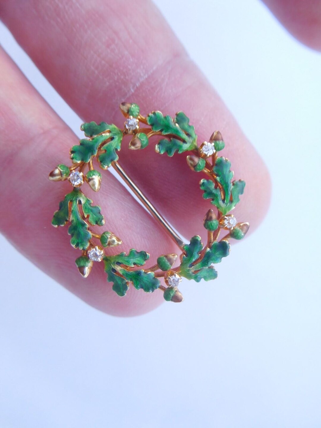 Extremely Rare Art Nouveau 14K Gold Enamel Diamonds Oak Laurel Wreath ...