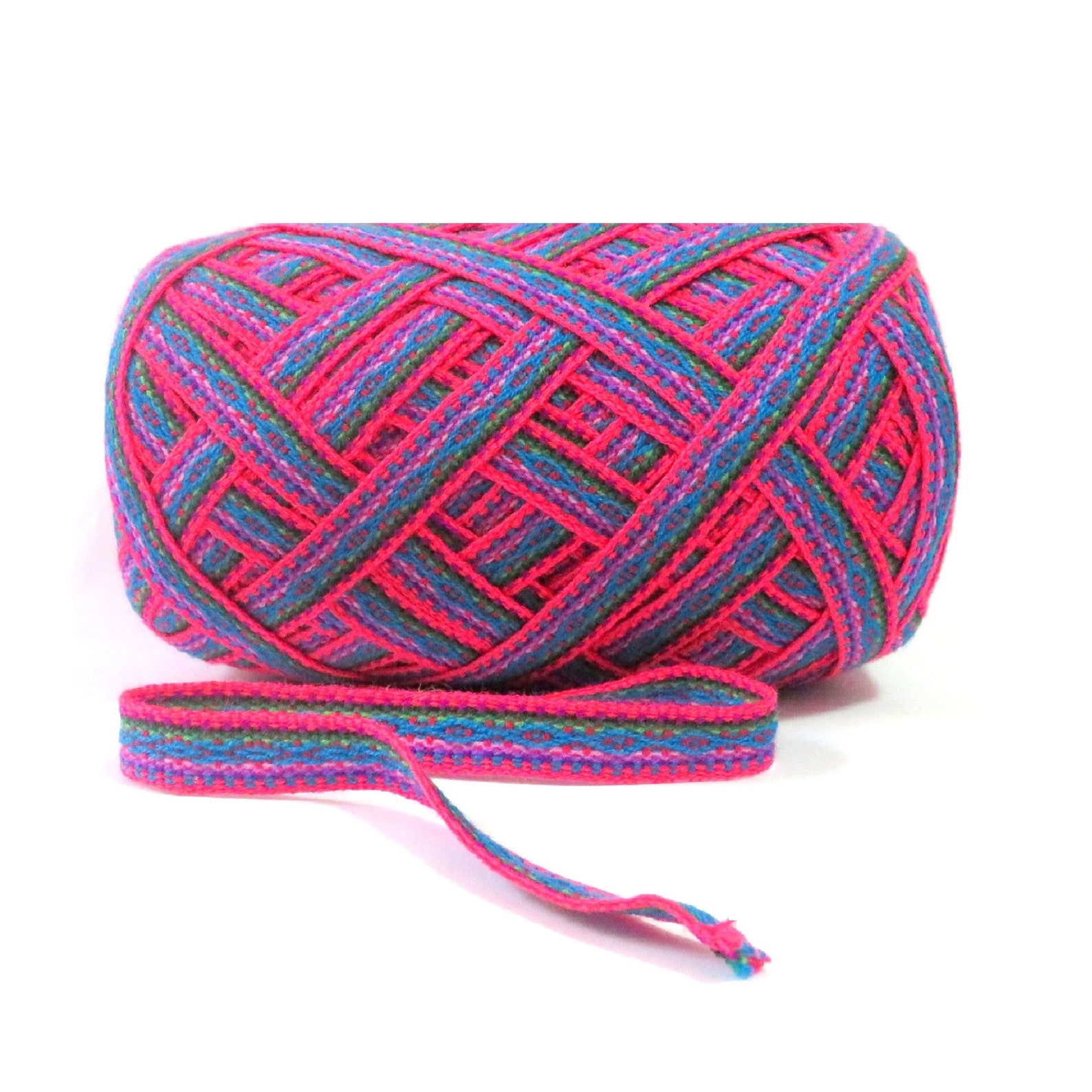 Cinta geométrica Inca Peru, ribete de jacquard tejido en rosa y azul ...