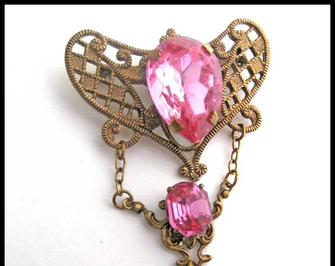 Fabulous Double Drop Pin Antiqued Gold Tone Setting Large Pink Teardrop ...