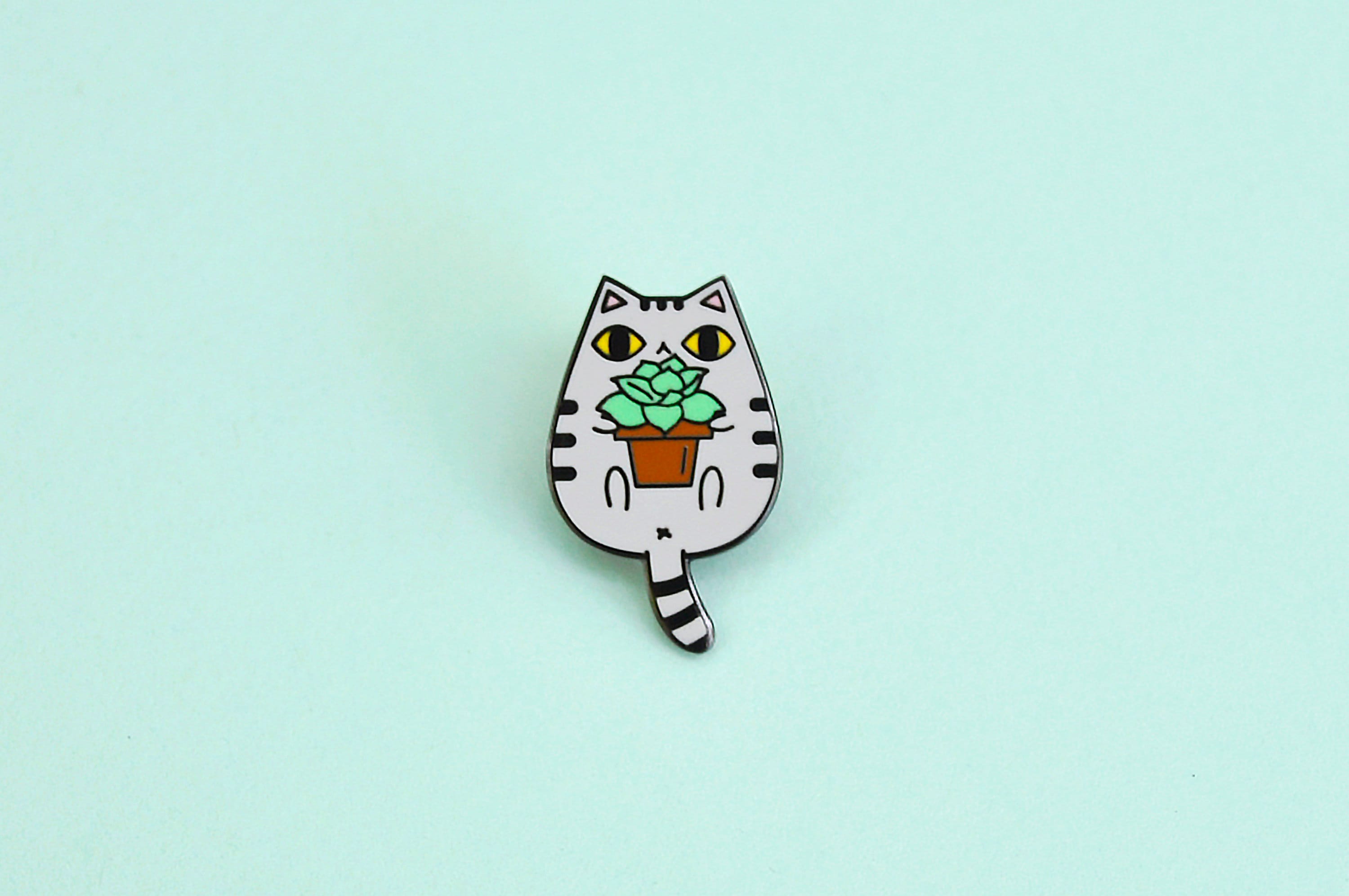 Gray Tabby Cat Enamel Pin Cat and Succulent Pin Cat Pin for | Etsy