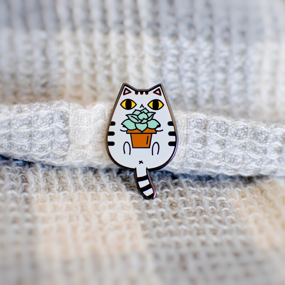 Gray Tabby Cat Enamel Pin, Cat and Succulent Pin, Cat Pin for Cat ...