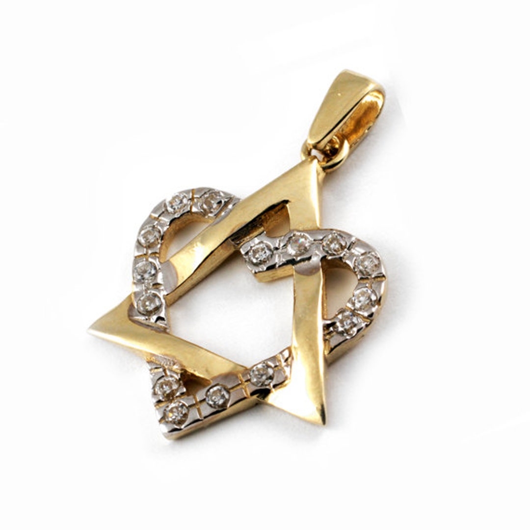 Star of David Heart Pendant in 14k Gold Cubic Zirconia, Heart Jewish ...