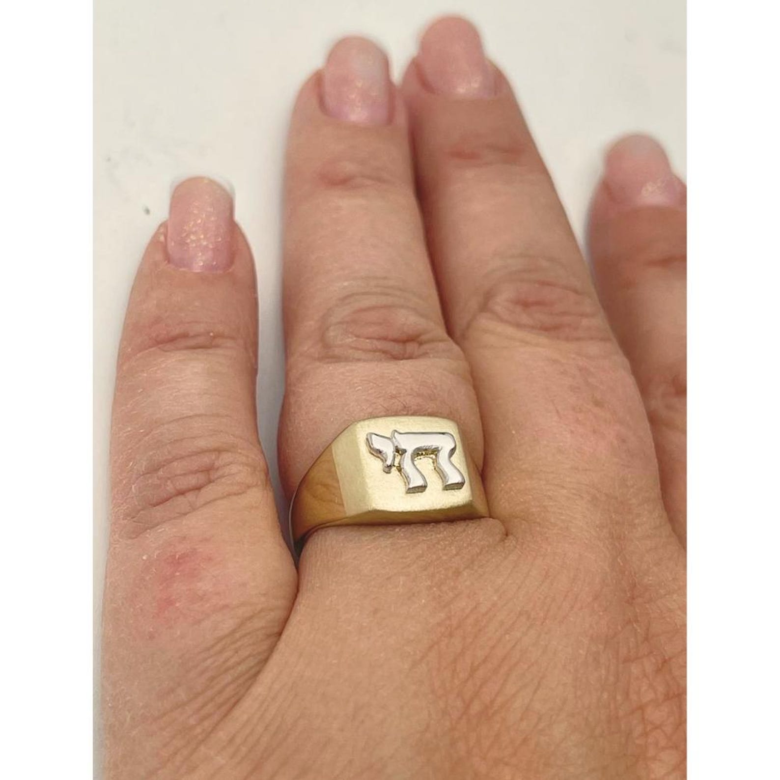 14k Gold Chai Ring, White Gold Chai on Yellow Gold Signet Ring, Hebrew ...
