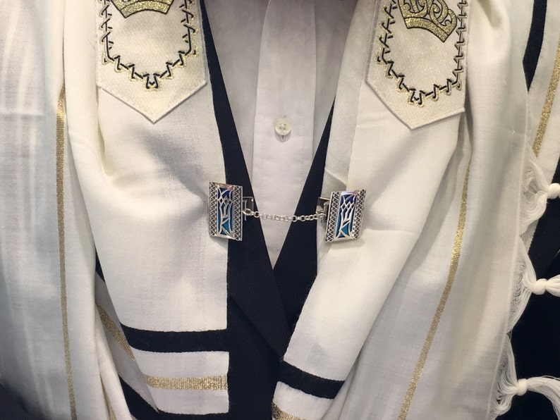 Mezuzah Tallit Clips, Blue Enamel Sterling Silver Tallit Clip, Hebrew ...