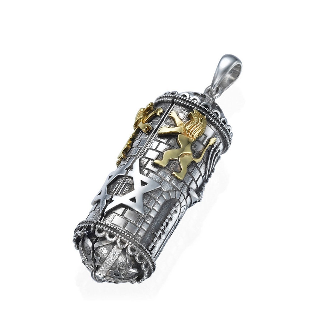 Silver & Gold Diamond Torah Pendant, Ten Commandments Pendant, Menorah ...