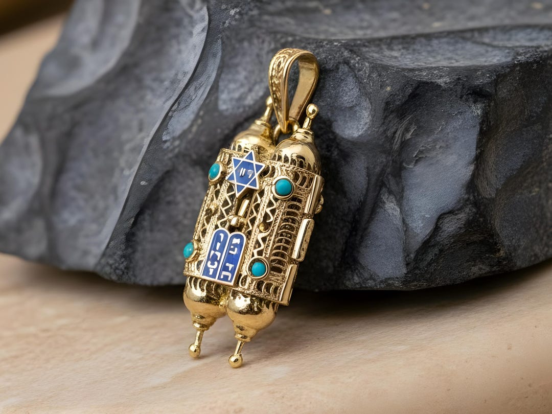 Torah Scroll Pendant in 14K Gold Filigree With Turquoise Stones ...