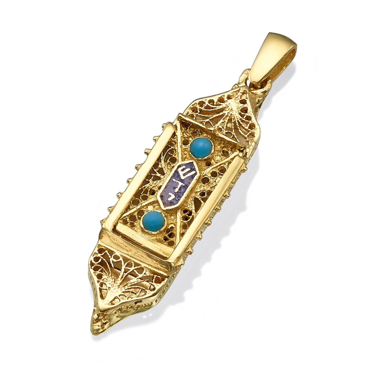 14k Gold Filigree Mezuzah Torah Scroll Enamel and Turquoise Pendant ...