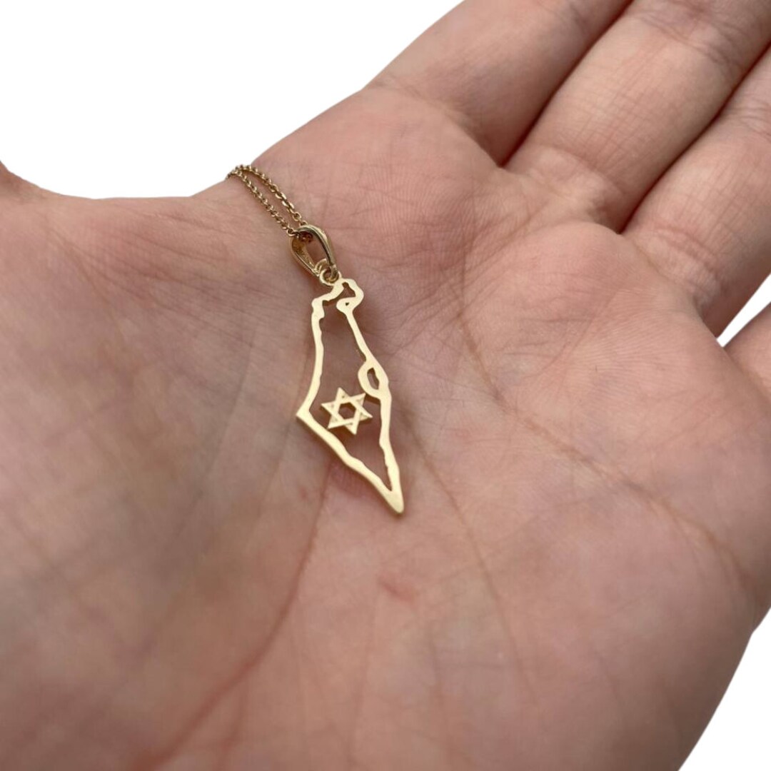Minimalist Map of Israel Pendant With Star of David in 14K Gold, Hebrew ...