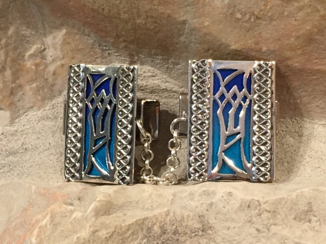 Mezuzah Tallit Clips, Blue Enamel Sterling Silver Tallit Clip, Hebrew ...