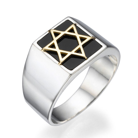 Star of David Ring With Onyx in Sterling Silver and 14k Gold | Etsy