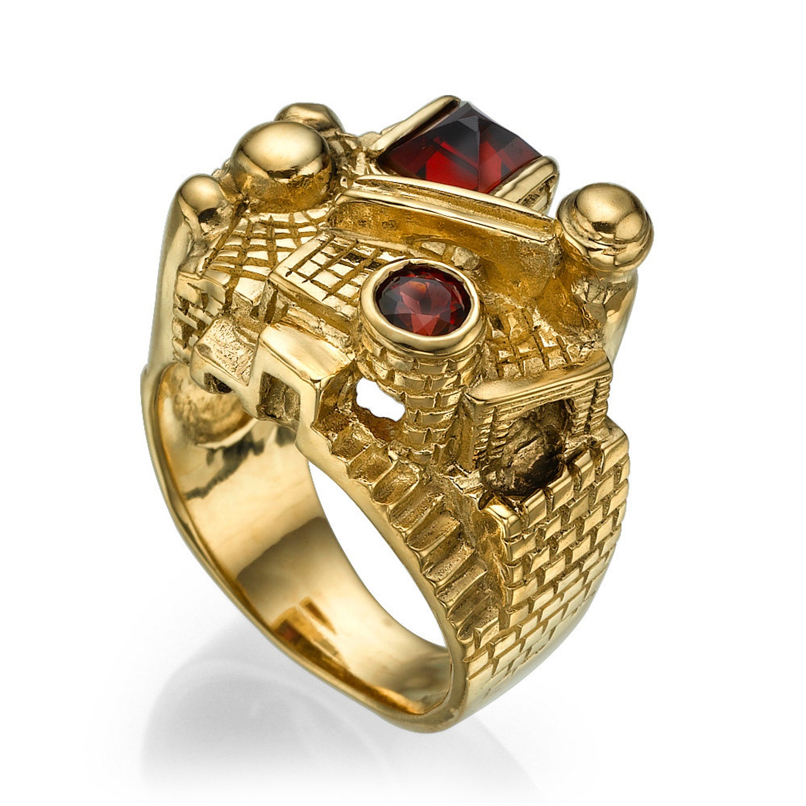 Jerusalem 3D Ring in 14k Yellow Gold and Garnets, Jewish Statement Ring ...