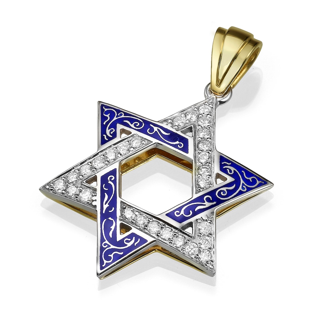 Diamond Star of David Pendant in 14K Gold With Blue Enamel | Magen ...
