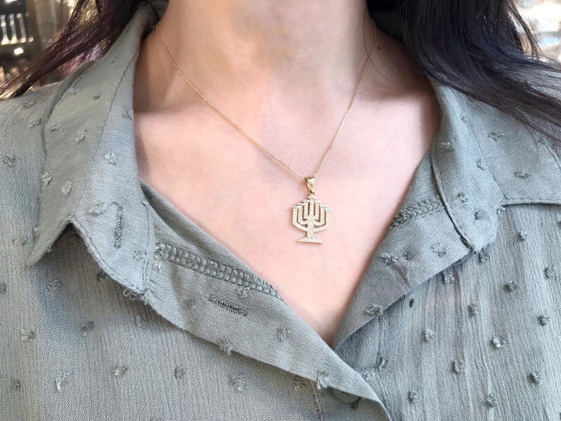Diamond Menorah Pendant 14K Gold Jewish Pendant Solid 14k | Etsy