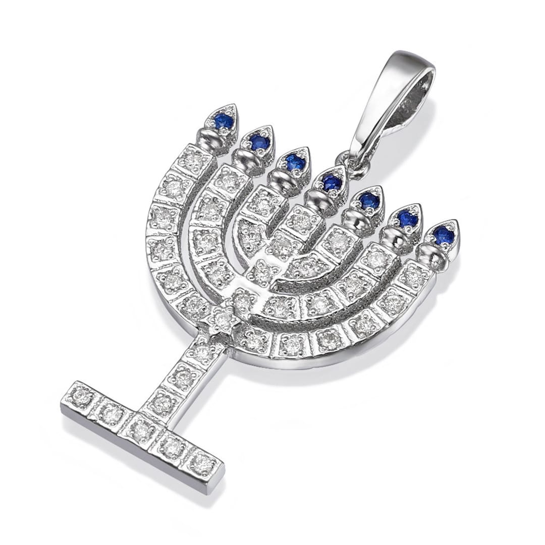 Classic Menorah Pendant, Diamond & Sapphire 14k White Gold Menorah ...
