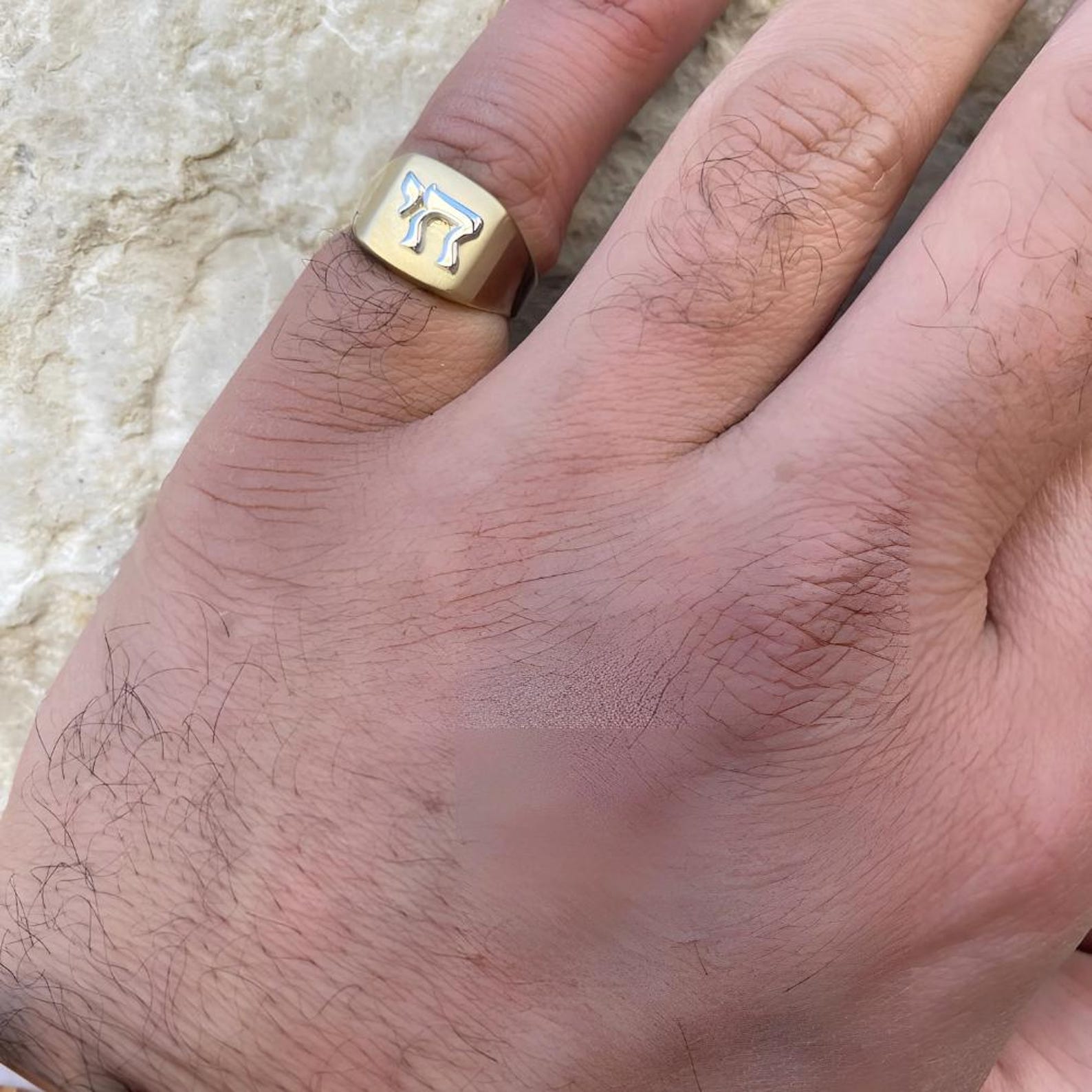 14k Gold Chai Ring, White Gold Chai on Yellow Gold Signet Ring, Hebrew ...