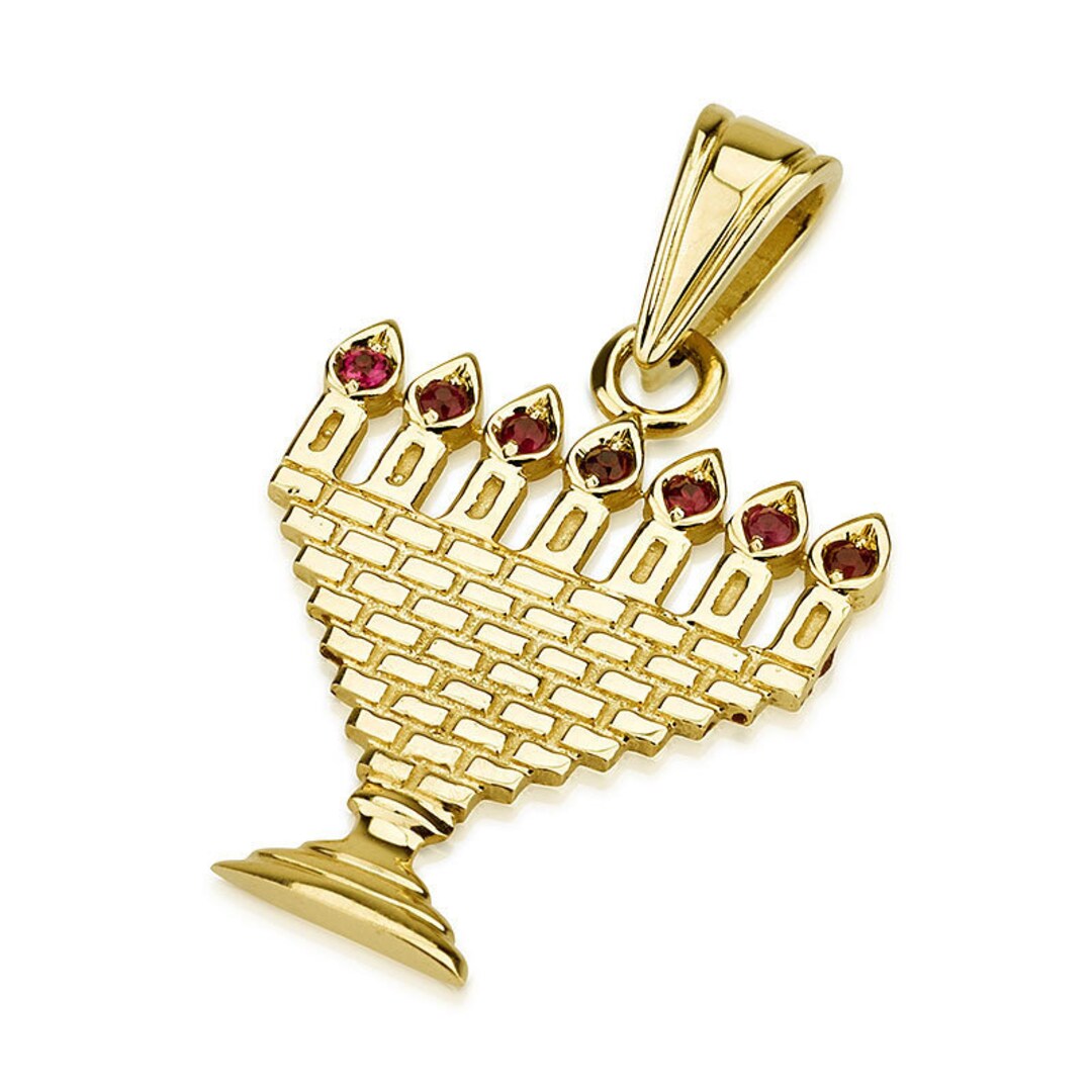 Jerusalem Menorah Pendant in 14k Gold and Ruby, Jewish Pendant, 14k ...