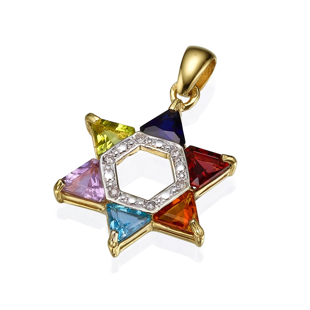 Multicolored 14k Gold Star of David Pendant With Diamonds & Semi ...