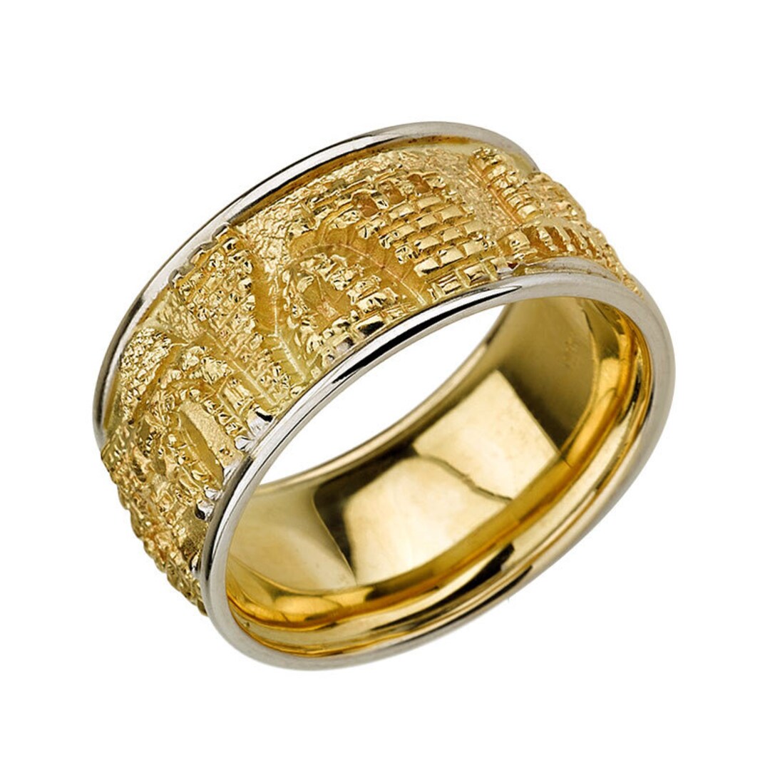 Engraved Jerusalem Ring, 14k Gold Ring, Two Tone Gold Men's Ring, Solid ...