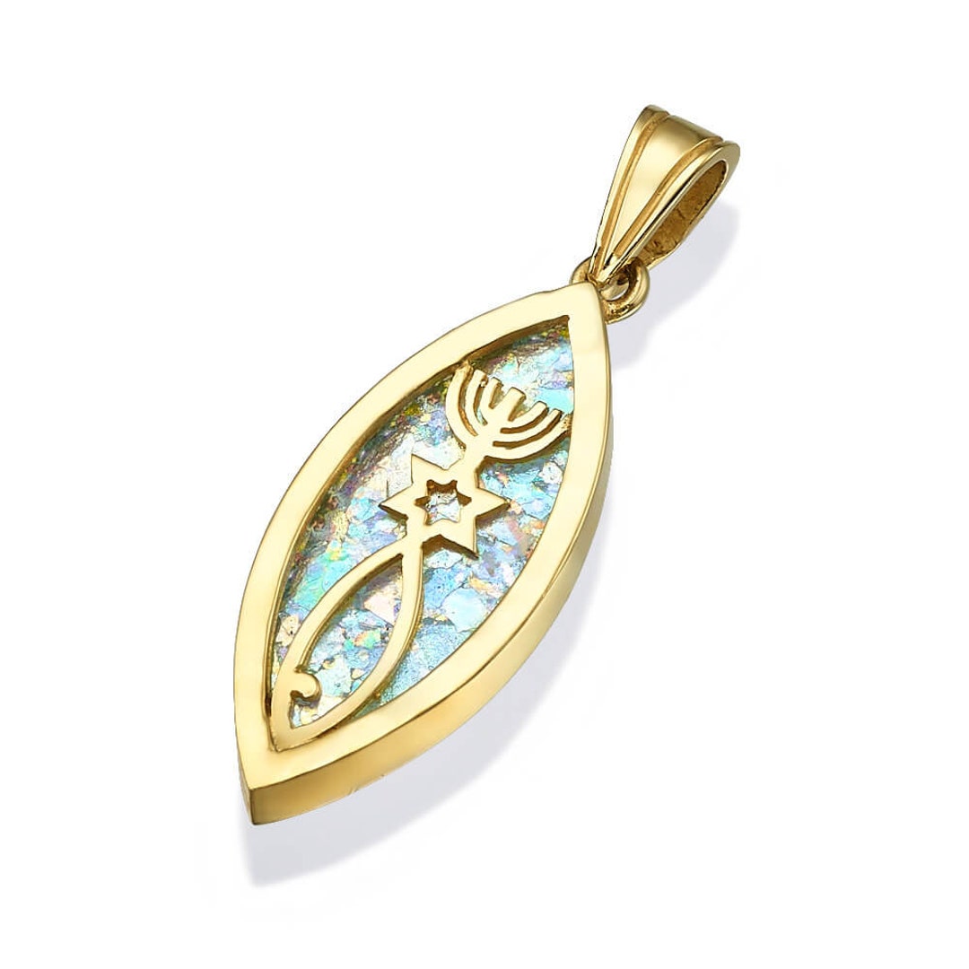 Messianic Seal of Jerusalem Pendant in 14k Gold and Roman Glass ...