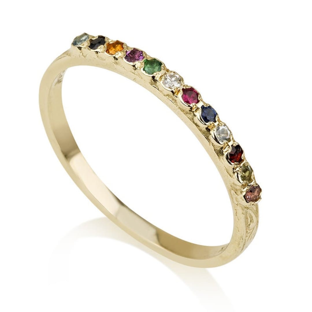 14K Yellow Gold Slim Band Kabbalah Ring, 12 Hoshen Gems, Gold Jewish ...