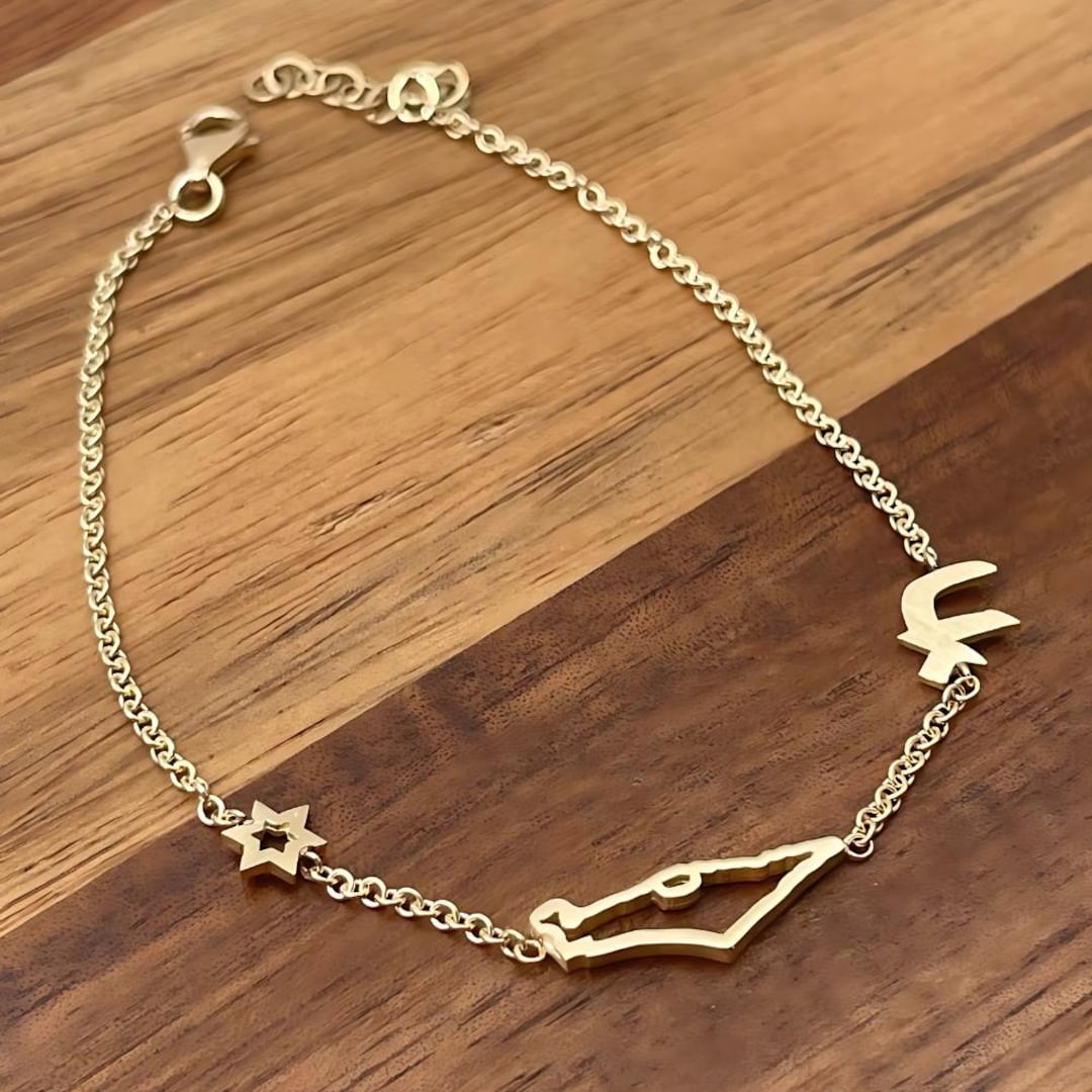 Map of Israel, Star of David and Chai Charm Bracelet in 14k Gold ...