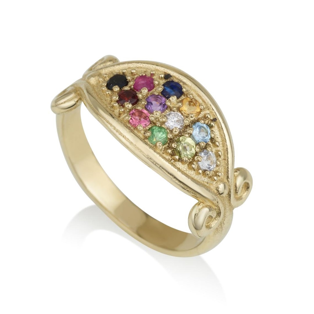 Jewish Hoshen Ring in 14K Gold, Kabbalah Ring With 12 Hoshen Stones (2 ...