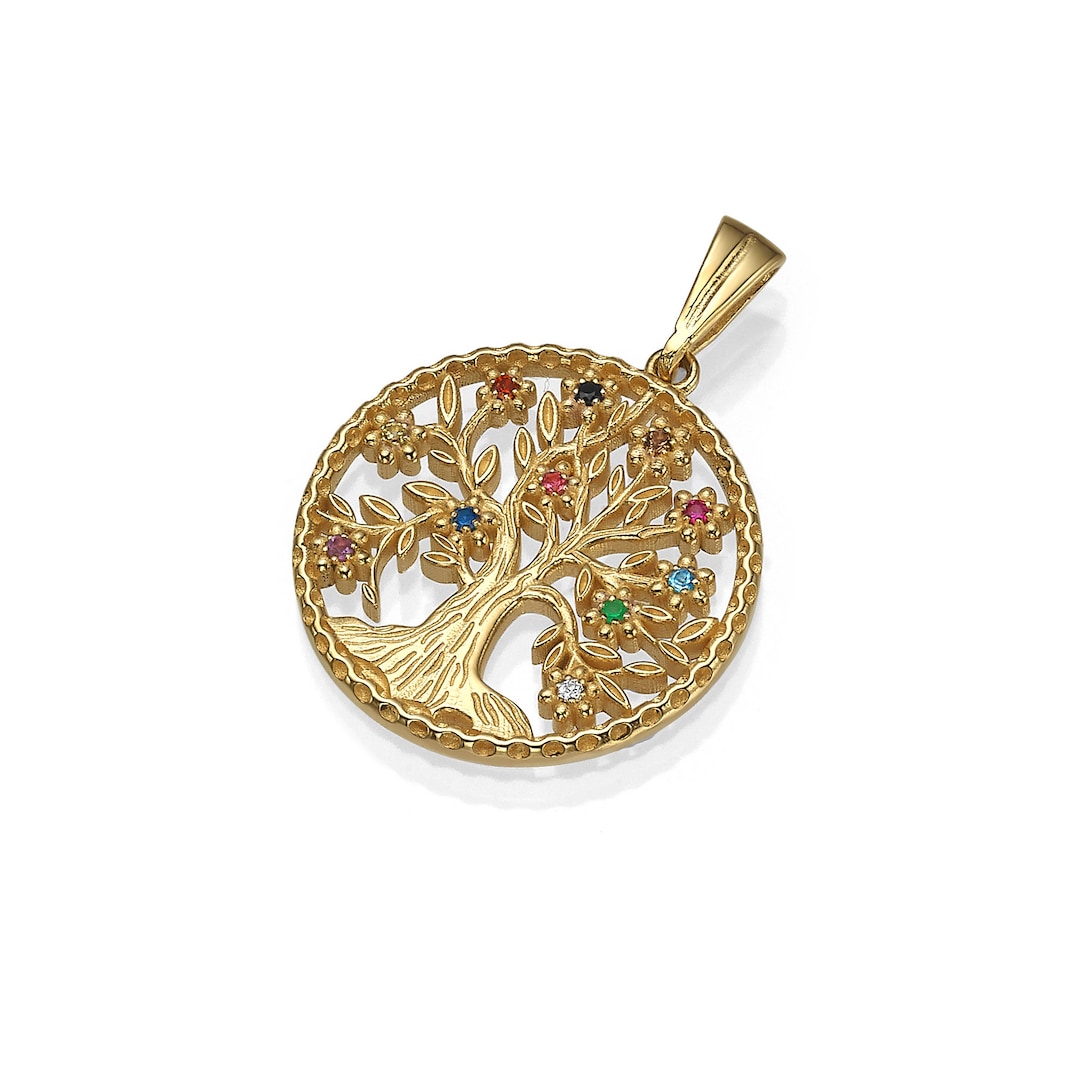 Colorful Tree of Life Pendant in 14k Gold With Natural Gemstones, Gold ...