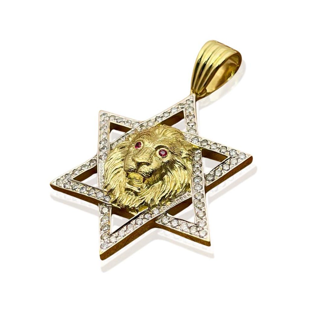Lion of Judah and Star of David Large Pendant in 14K Gold, Diamonds and ...