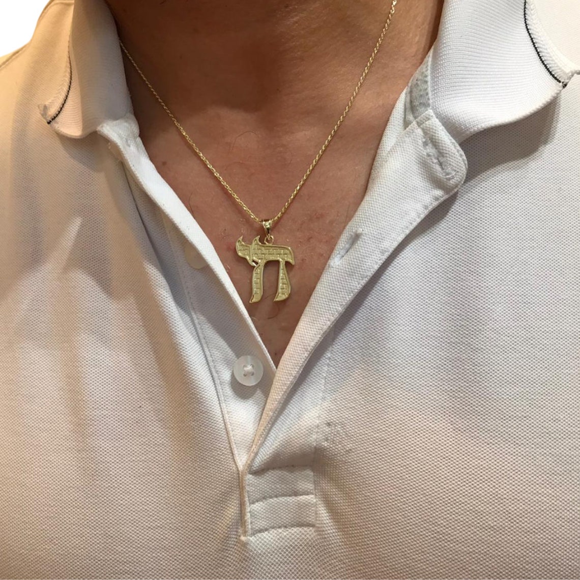 Gold Chai Pendant Solid 14k Gold Chai Necklace Large Hai - Etsy