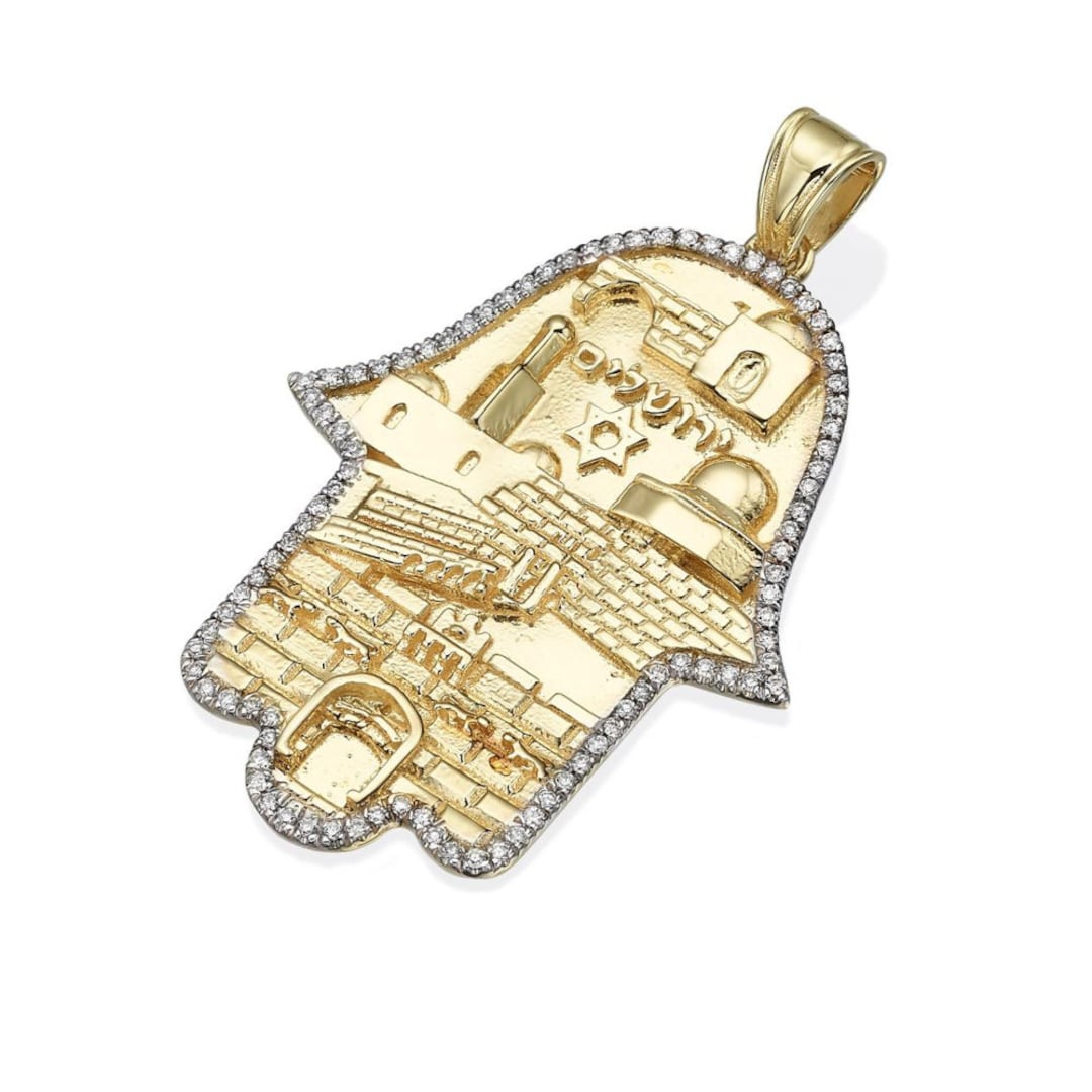 Diamond Hamsa With Engraved Jerusalem Pendant in 14k Yellow Gold, Hand ...