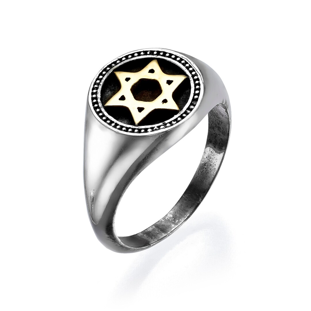 Jewish Star of David Signet Ring in Sterling Silver and 14K Gold, Magen ...