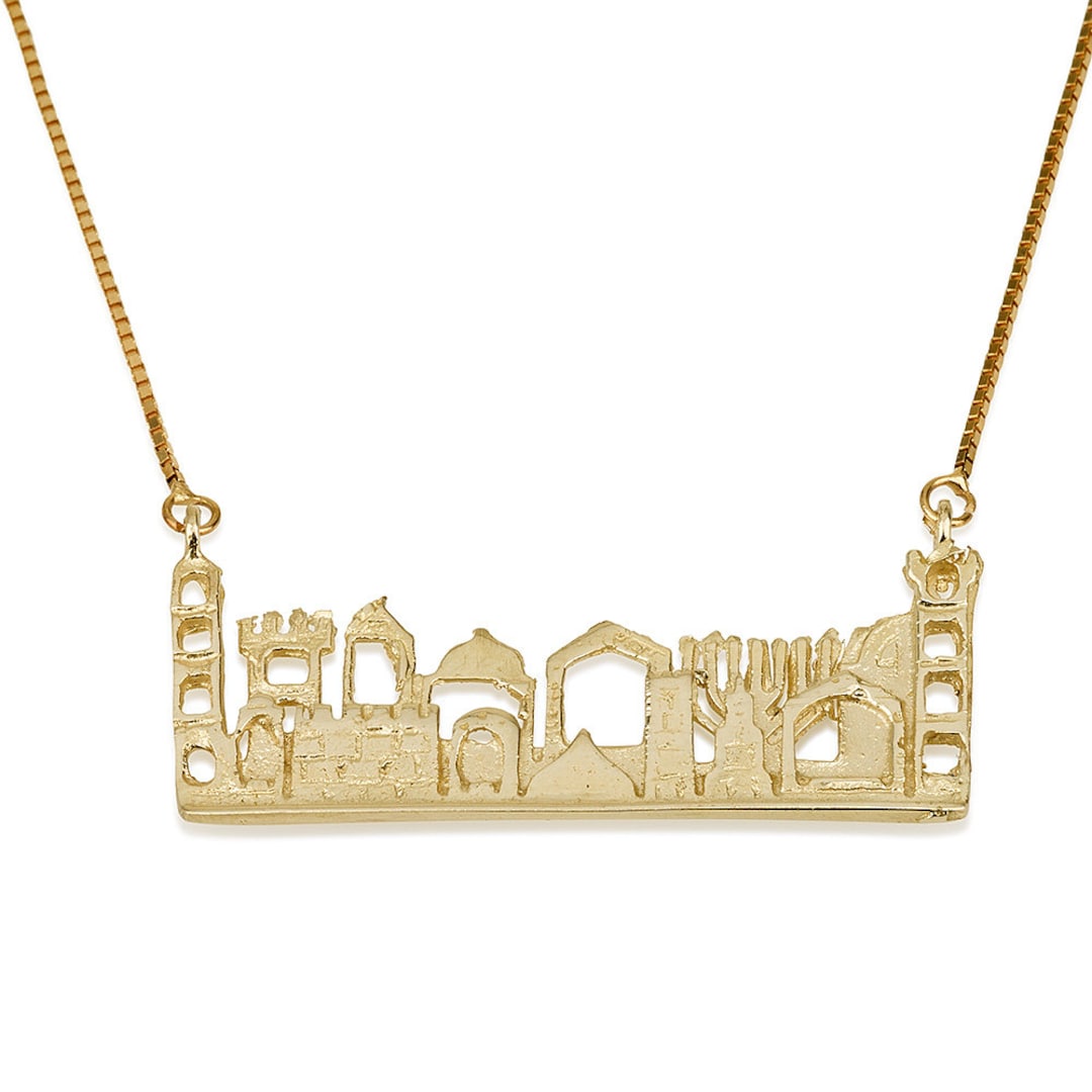 Jerusalem Skyline Necklace Yellow Gold Cut Out With Chain, Jewish ...