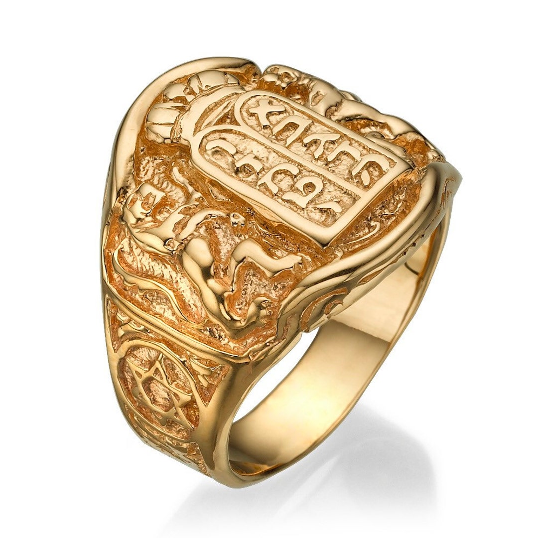 Ten Commandments Ring, 14k Yellow Gold Men's Ring, Handmade Gold Jewish ...