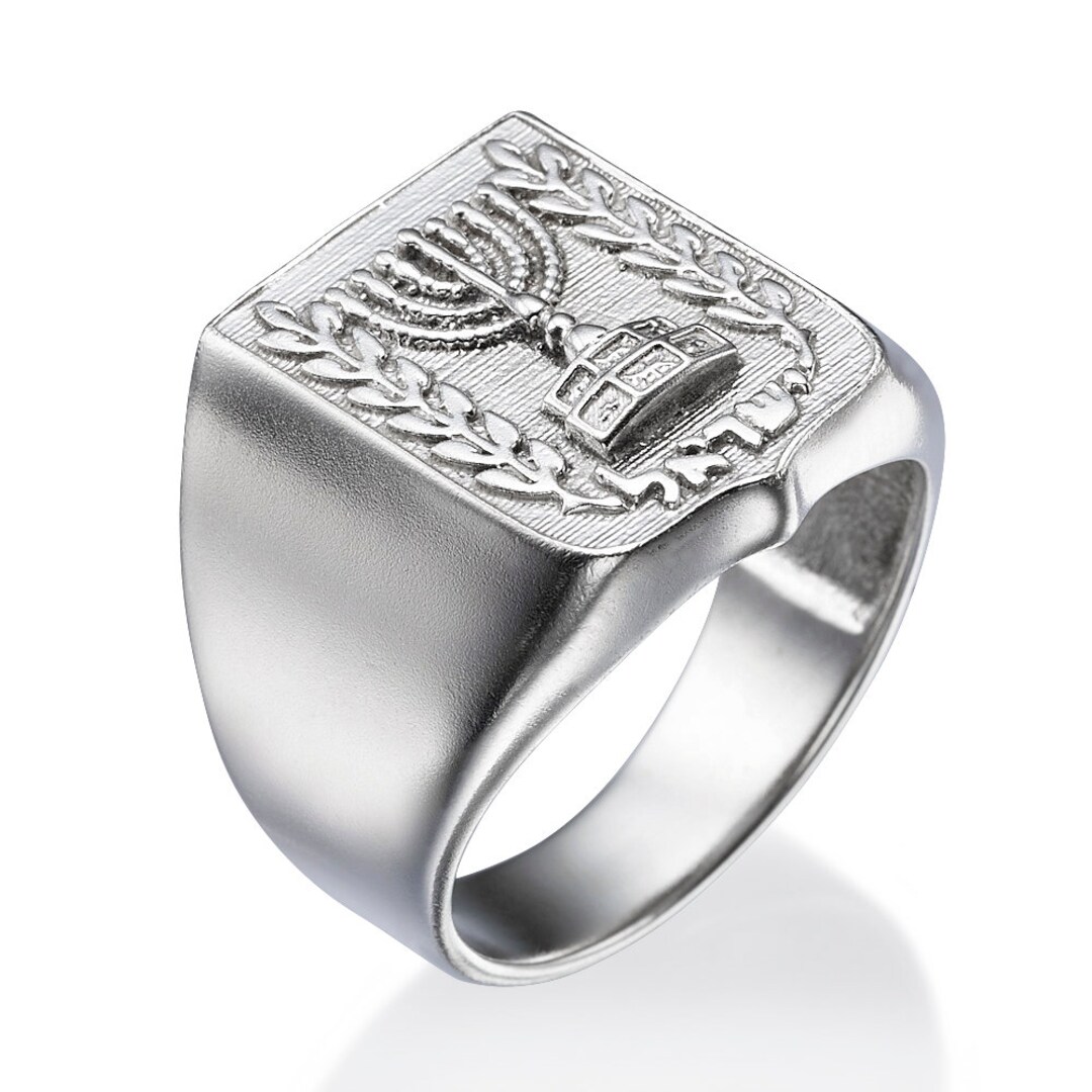 Emblem of Israel Signet Ring in 14k White Gold, Menorah Ring, Menorah ...
